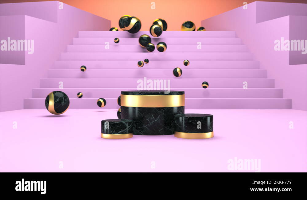 Black and gold marble balls fall down the pink stairs.Minimal scene ...