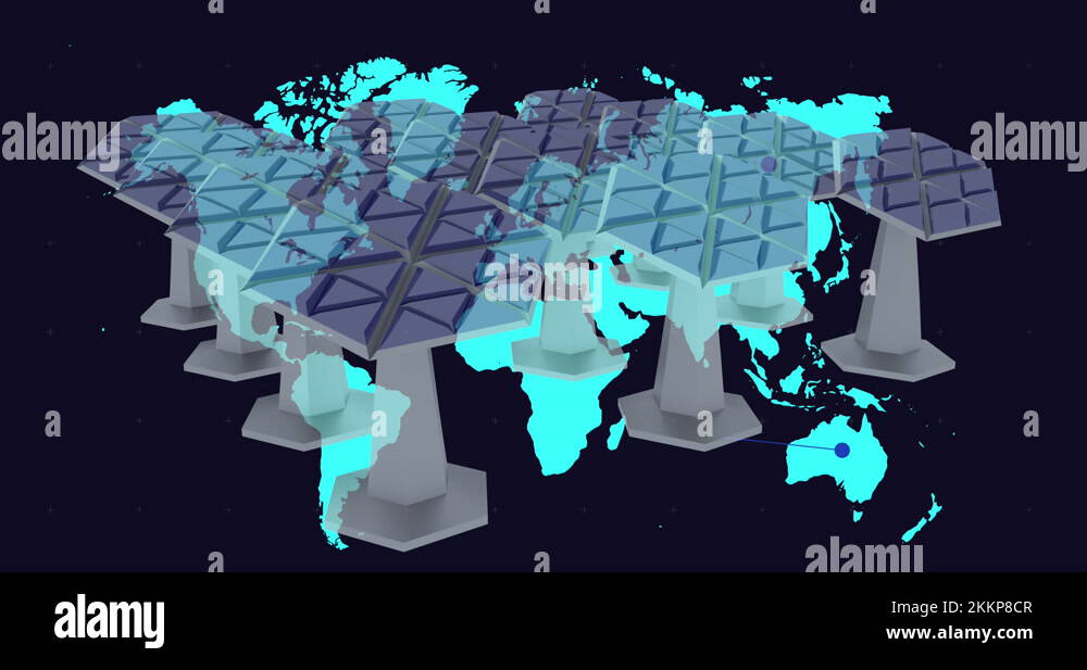 Solar panels over multiple traffic cones against world map on black ...
