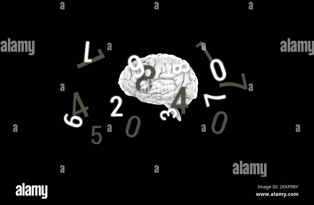 Multiple changing numbers against spinning human brain on black ...