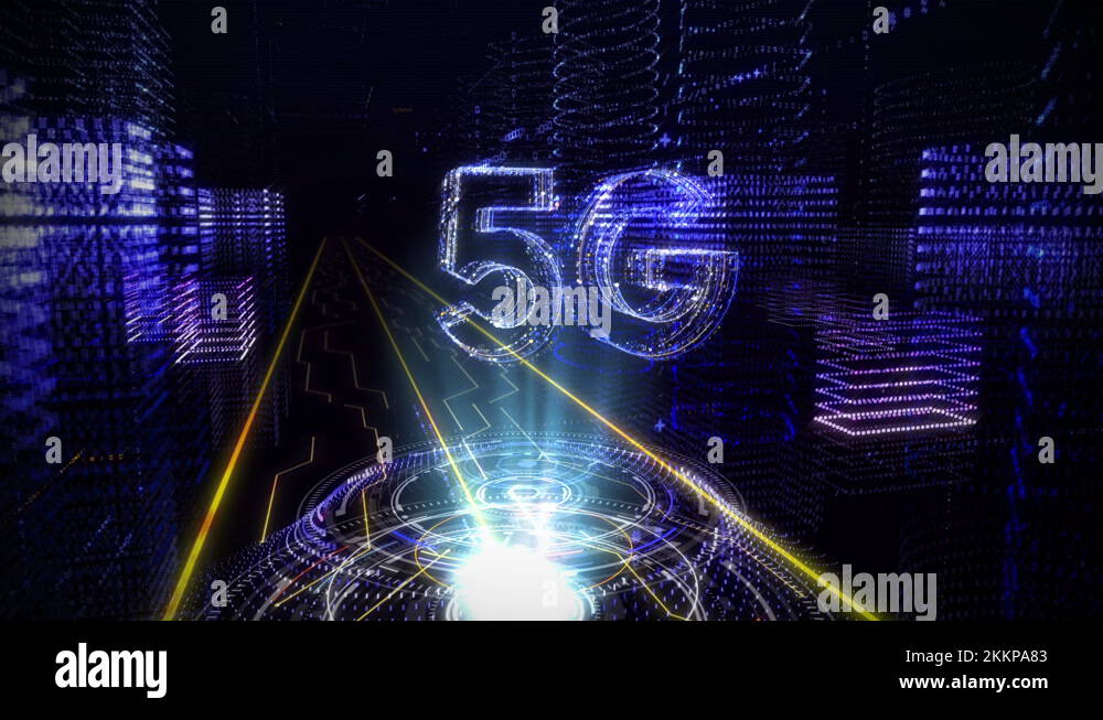 Futuristic holographic projection of the words 5G made with computer ...