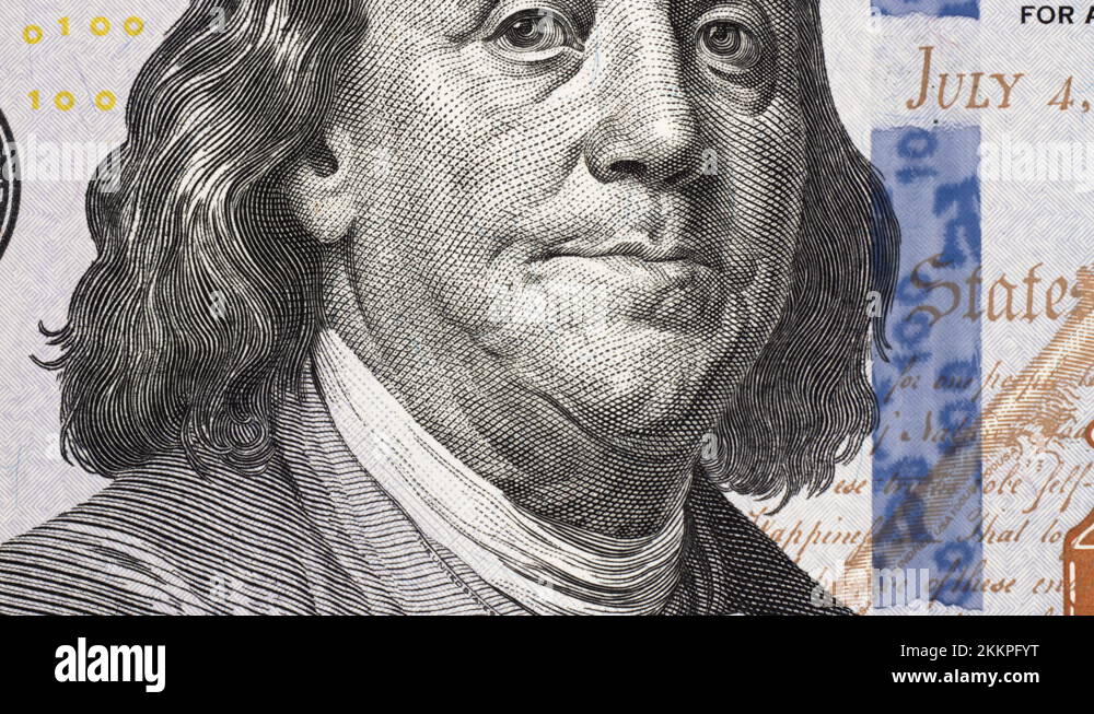 Benjamin Franklin on US 100 dollar bill tilting. Slider shot. 4K Stock ...