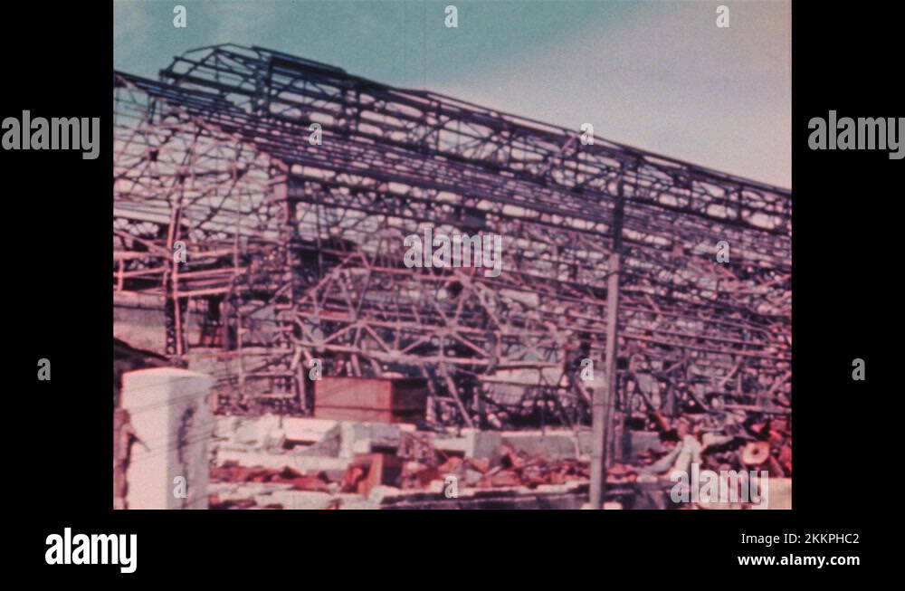 1940s Nagasaki: Destroyed building, bare, mangled, twisted steel frame ...