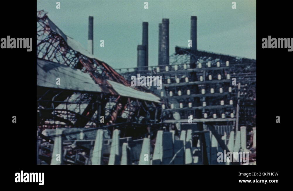 1940s Nagasaki: Destroyed building, collapsed steel frame, downed power ...