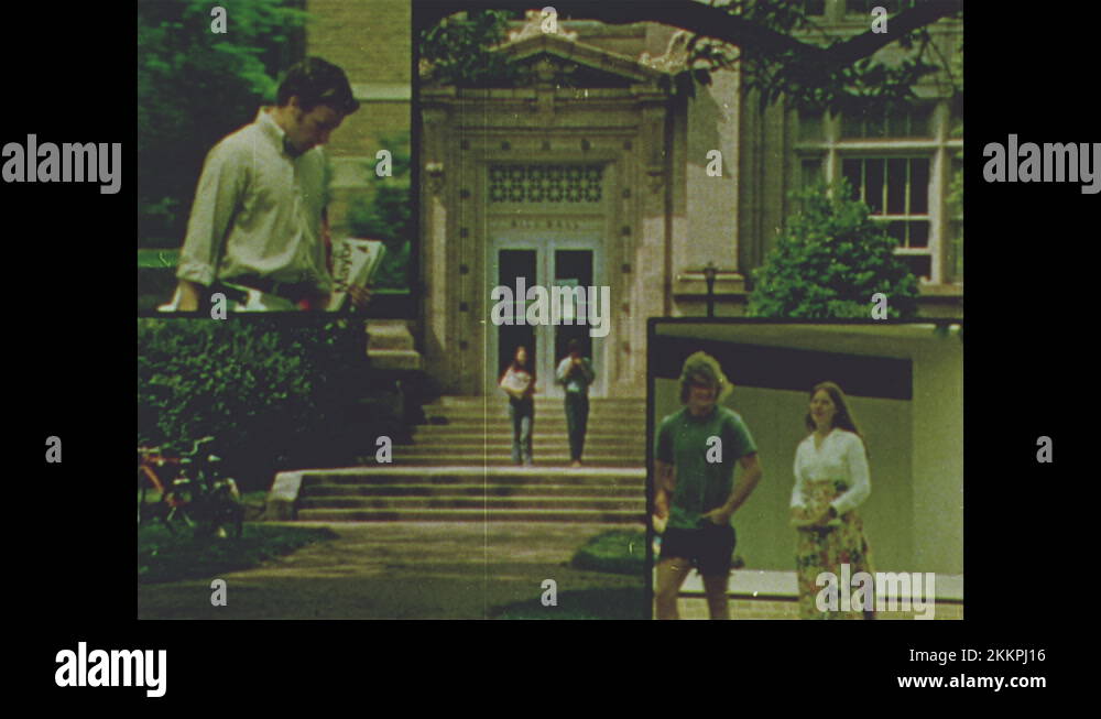 1970s: Students leave building on college campus. Students walk across ...