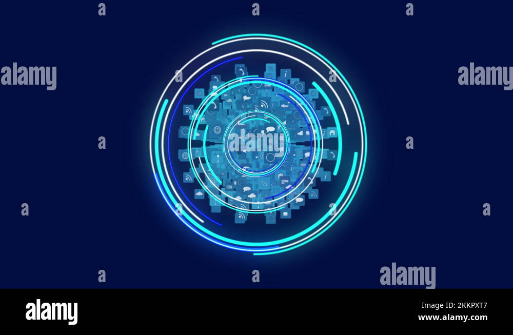 Neon blue round scanner over globe of digital icons spinning against ...