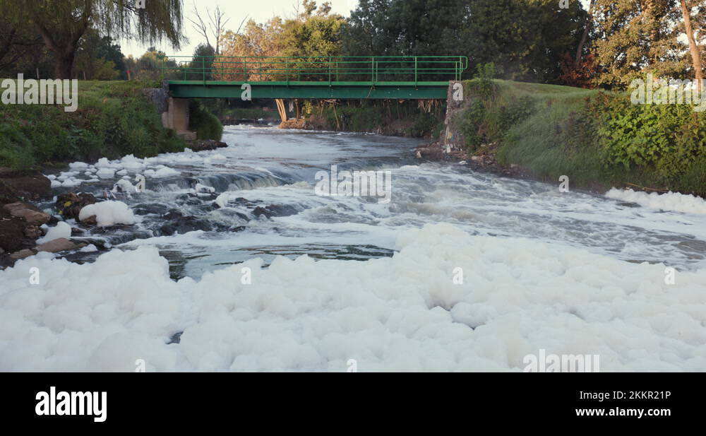 Water pollution. Excess nitrates and raw sewage causes toxic foam on ...