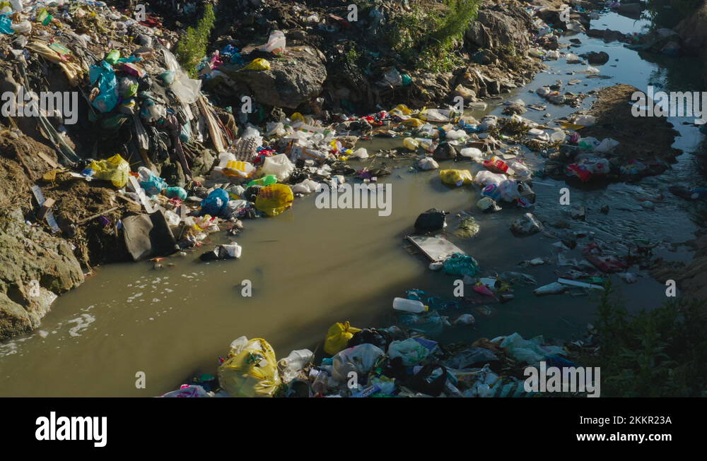 Water pollution. Aerial view of horrific plastic pollution in rivers in ...