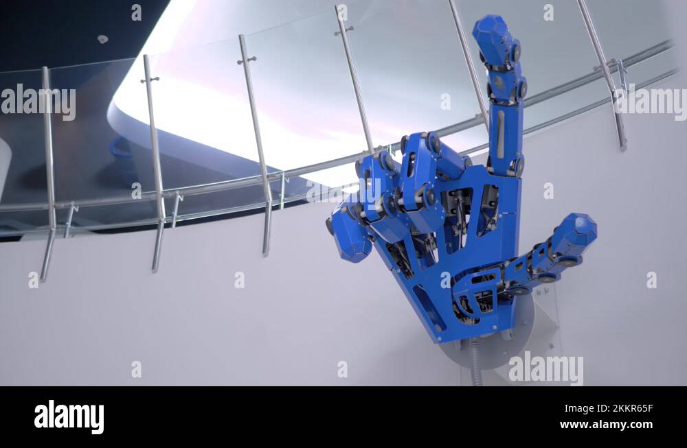 Futuristic big blue mechanical robotic hand showing devil horn gesture ...