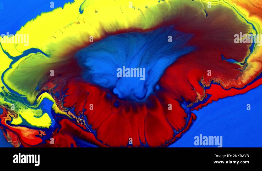 Colorful background in yellow, blue and red paint flow on universe ...