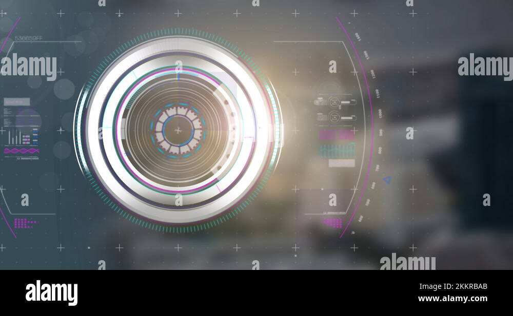 Animation of data processing and scope scanning over out of focus background Stock Video Footage ...