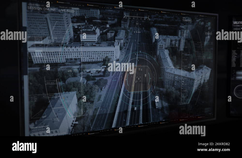 Live Feed. Modern Drone. Vehicle Detected. Close up. Speed. Distance ...