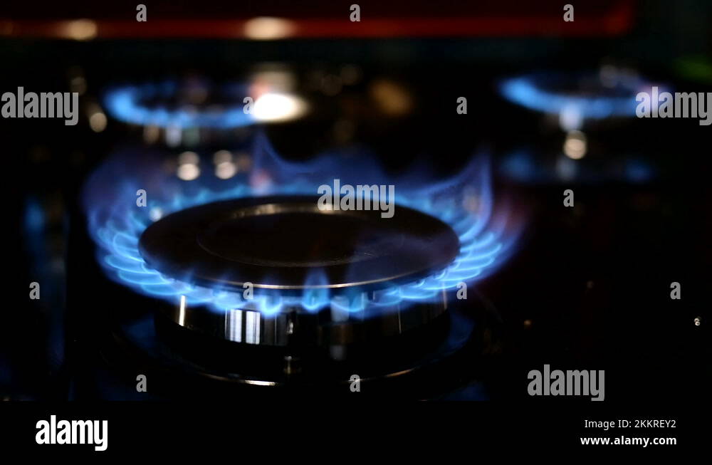 Process of burning and appearing blue flame of gas methane or propane ...