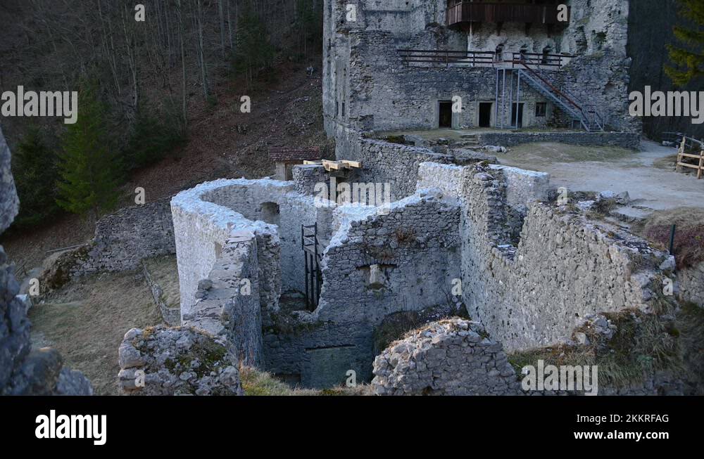 Decayed and collapsed defense thick walls in medieval castle Kamen ...