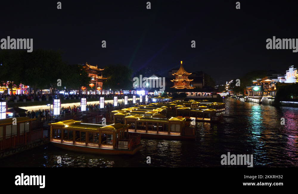 night nanjing old town river tourist crowded boat dock square 4k china ...