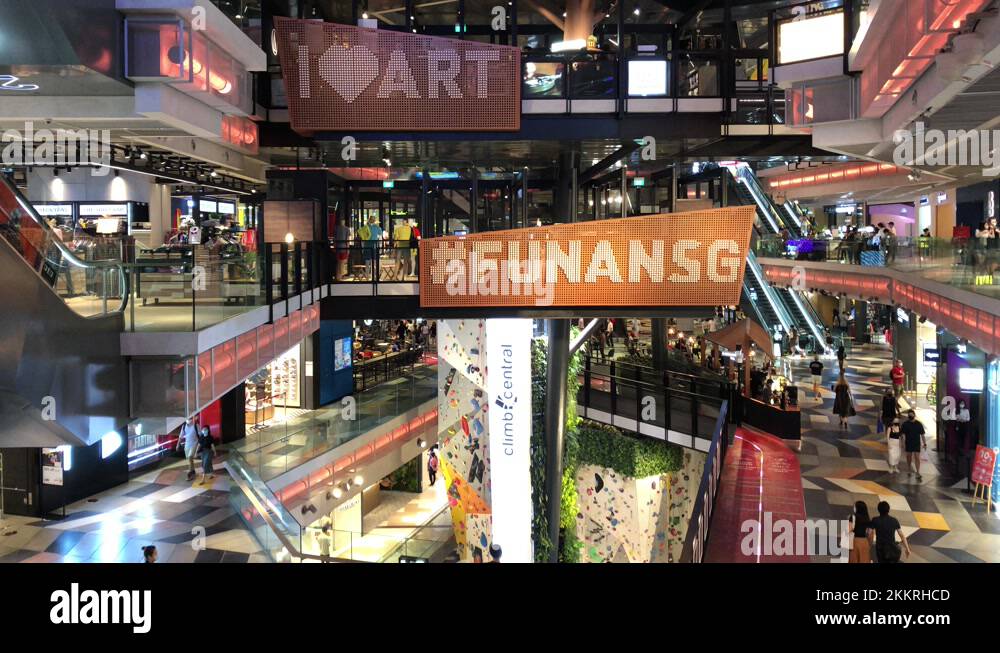 Singapore: Interior view of the refurbished Funan shopping mall, 4K ...