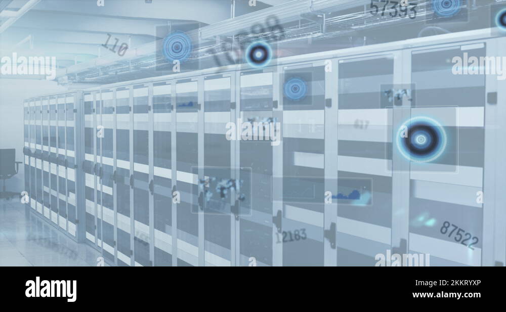 Multiple changing numbers and round scanners against empty computer server room Stock Video ...