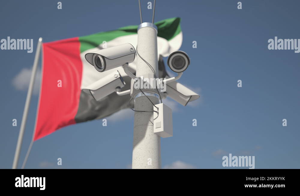 Flag of the UAE and four security cameras on the pole, looping 3d ...