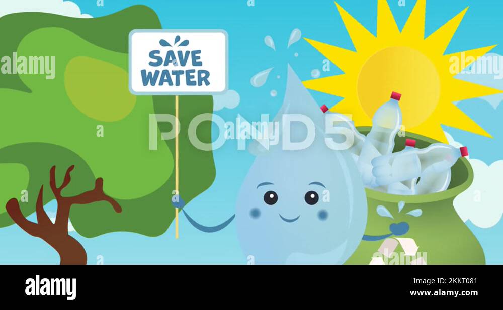 Animation of water drop with save water text on board with tree and ...