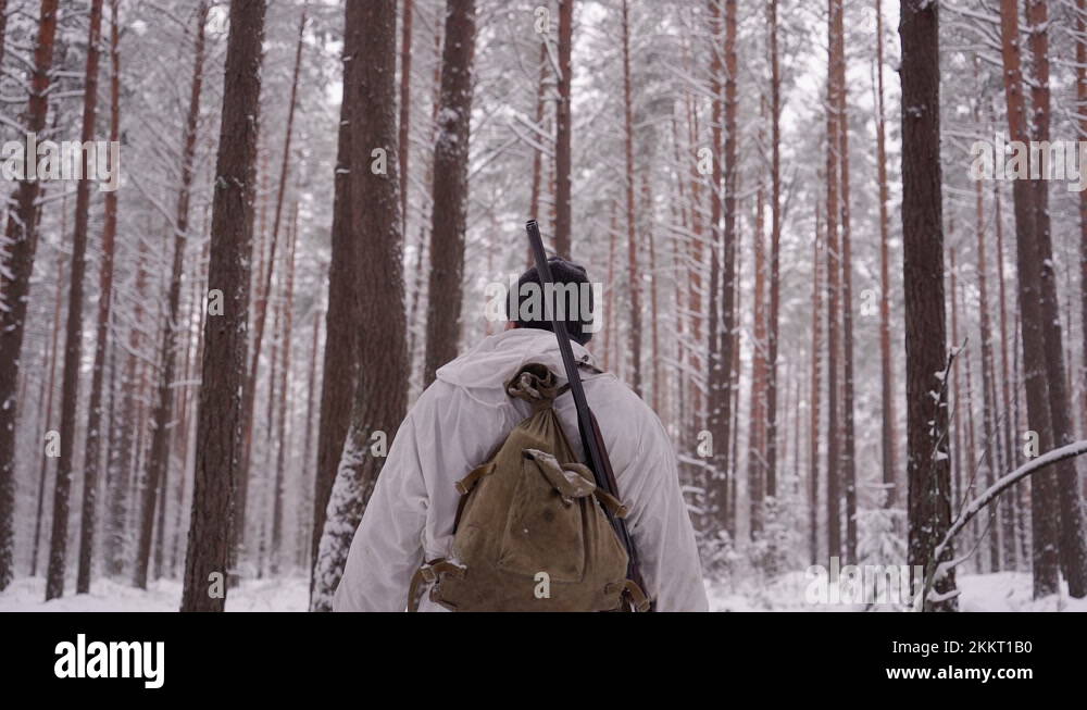 A Hunter walks along a snow-covered forest path, and a dog runs in ...