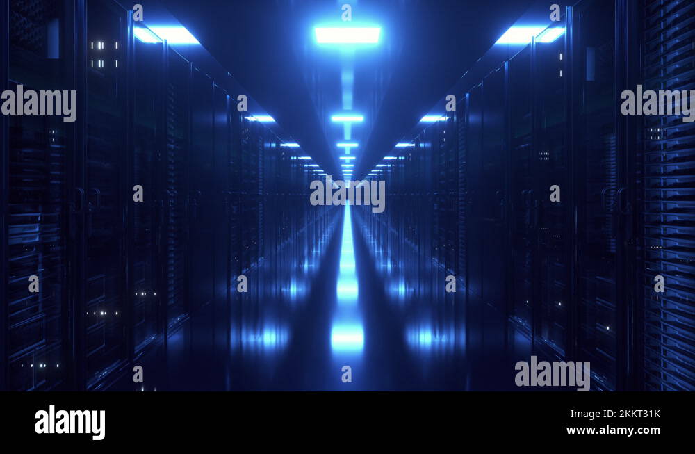 Blue digital information flows through network and data servers. Server room, 4K Stock Video ...