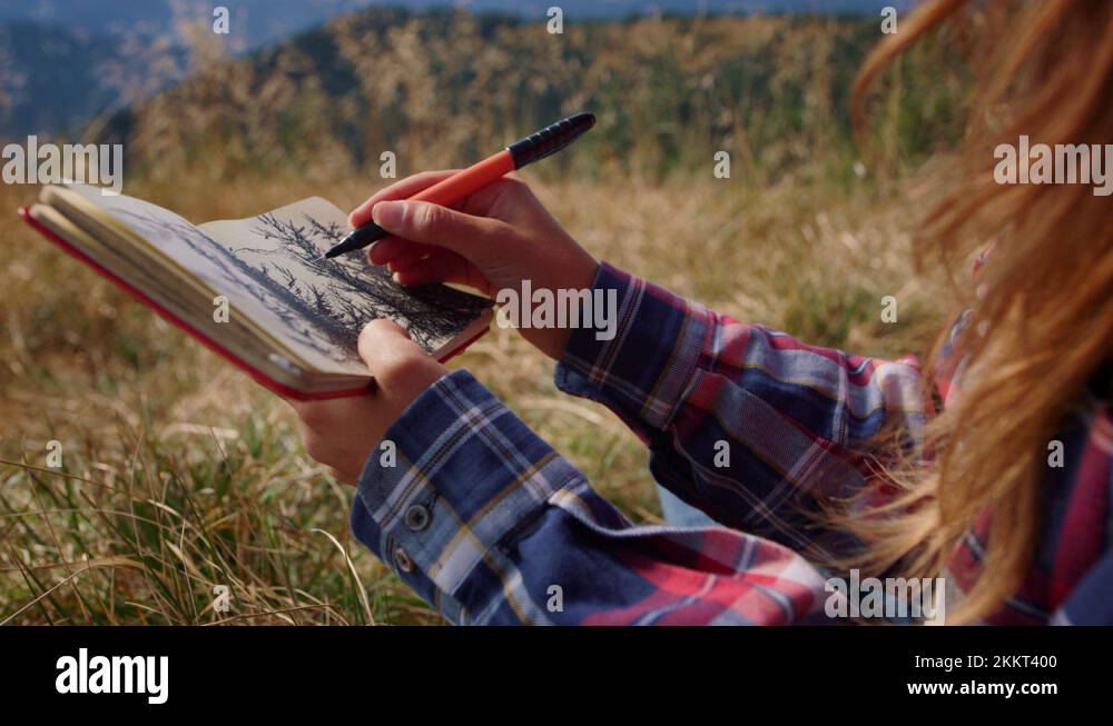 Woman hands drawing picture of trees in notepad. Female arms painting ...