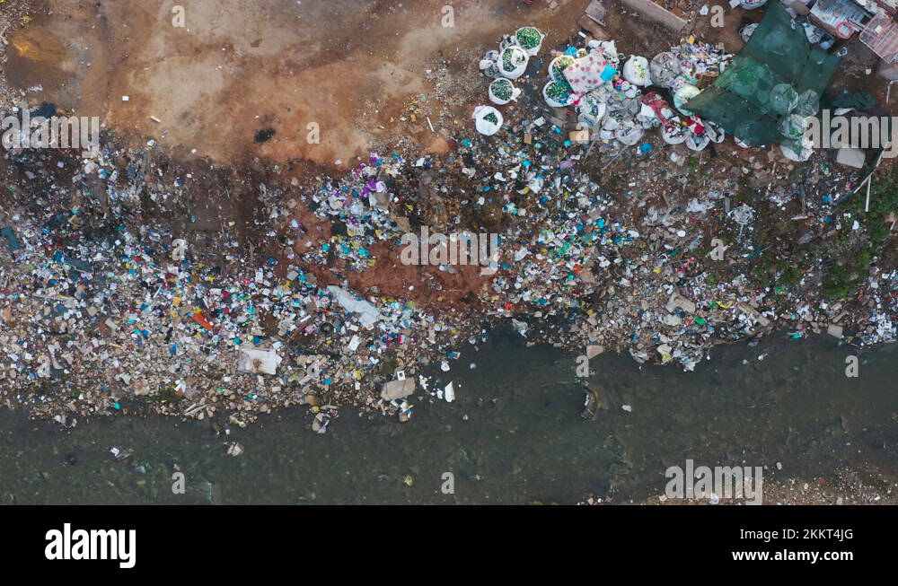 Water pollution. aerial view of horrific plastic pollution in rivers in ...