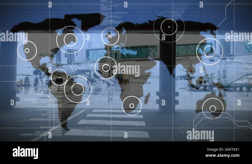 Animation of data processing and locations pulsating on world map and ...