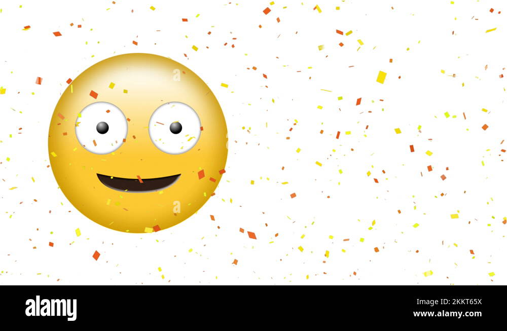 Animation of red and yellow confetti falling over smiling and winking ...