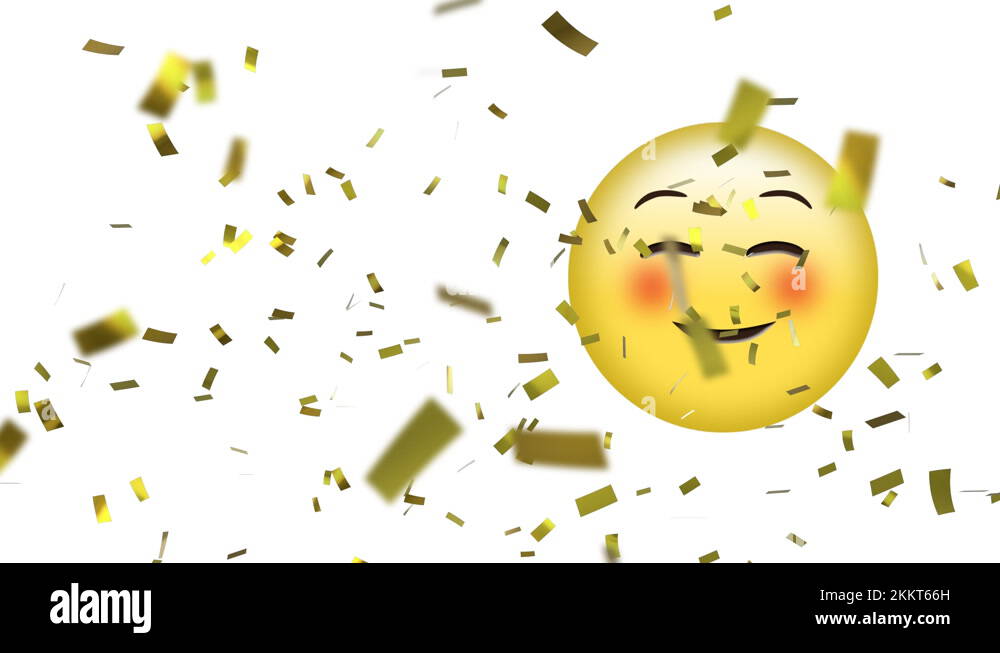 Animation of gold confetti falling over smiling emoji on white ...