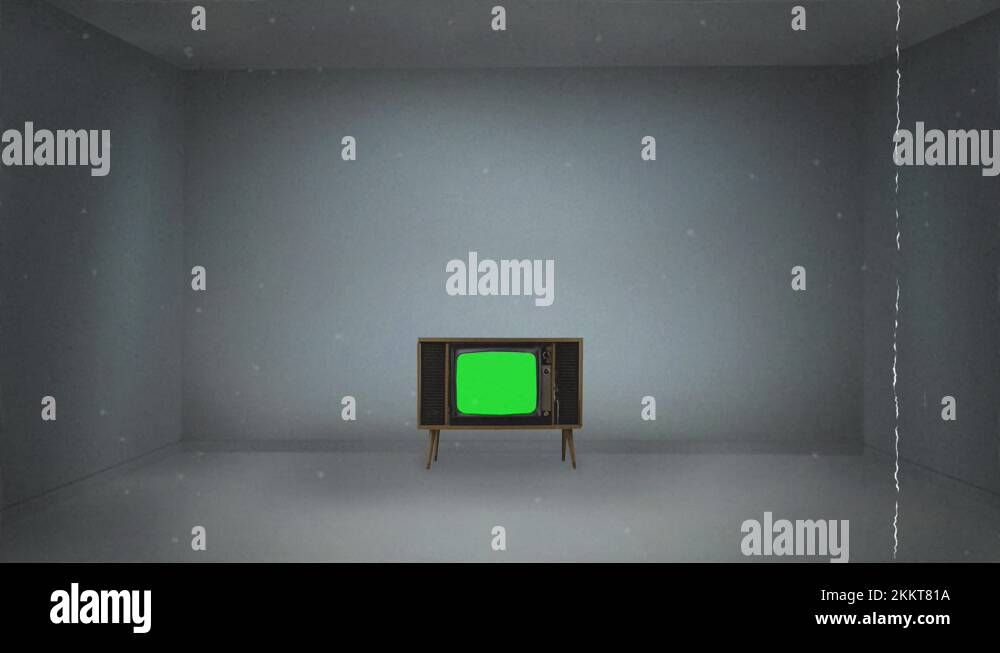 animated green screen empty room with old tv and old movie effect Stock ...