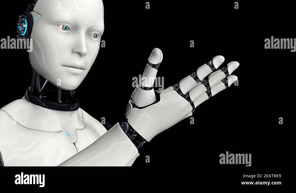 Futuristic humanoid robot moves its head, eyes and scans, studies the ...
