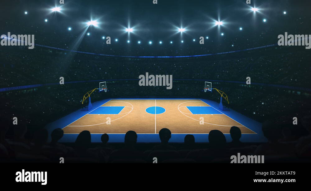 Spotlights shining above the basketball court in side view from ...