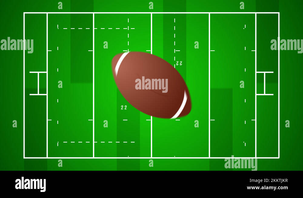 rugby field with line, realistic ball Spinning Over green field and ...