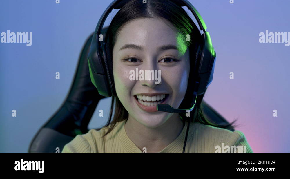 Beautiful female streamer talking to camera Stock Video Footage - Alamy