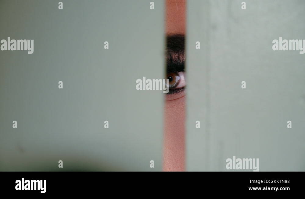 Curious Eyes Woman Looking Slit Door Closeup Nosy People Peeping