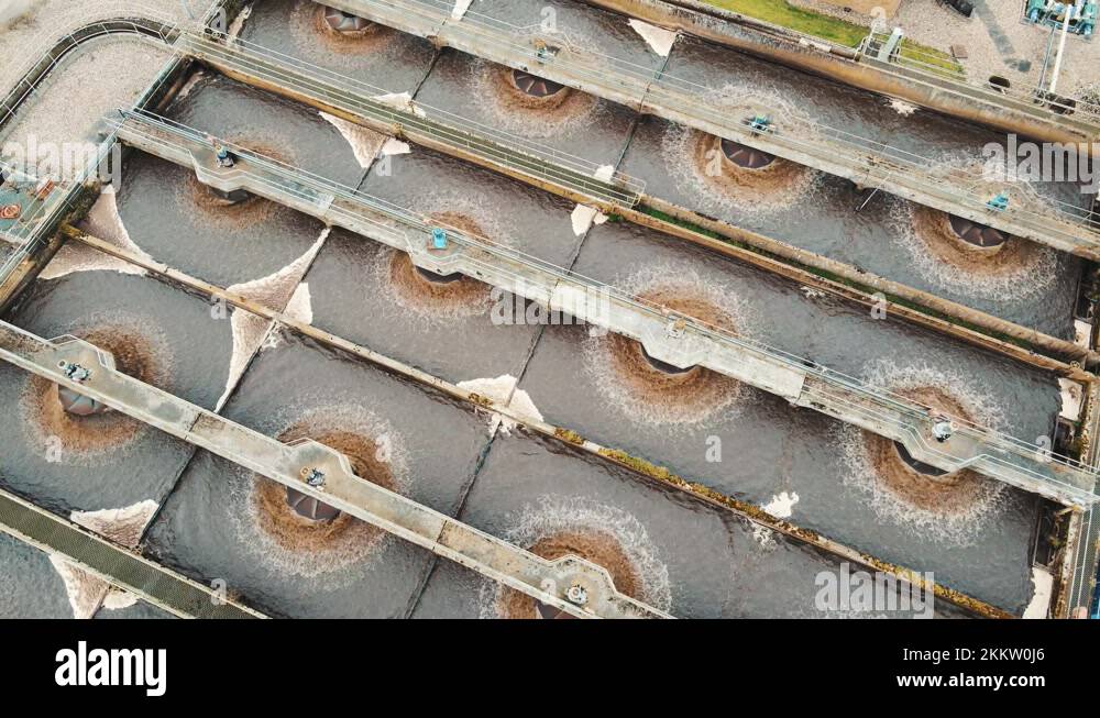 Wide aerial of water purification plant, clean drinking water ...