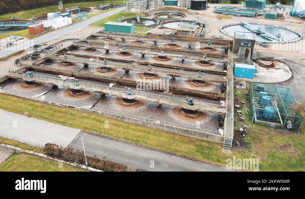 Wide aerial of water purification plant, clean drinking water ...