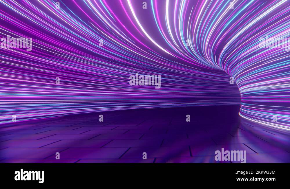 3D rendering of a curved tunnel with LED glowing lines on the ceiling ...
