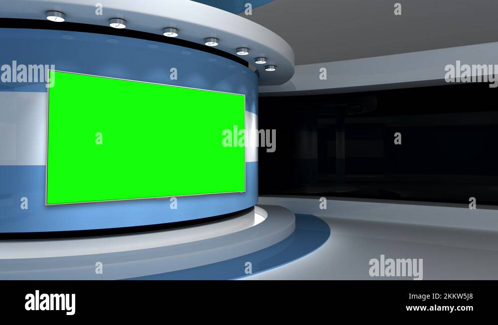 Light blue background. News studio. Green screen on the wall. 3d render ...