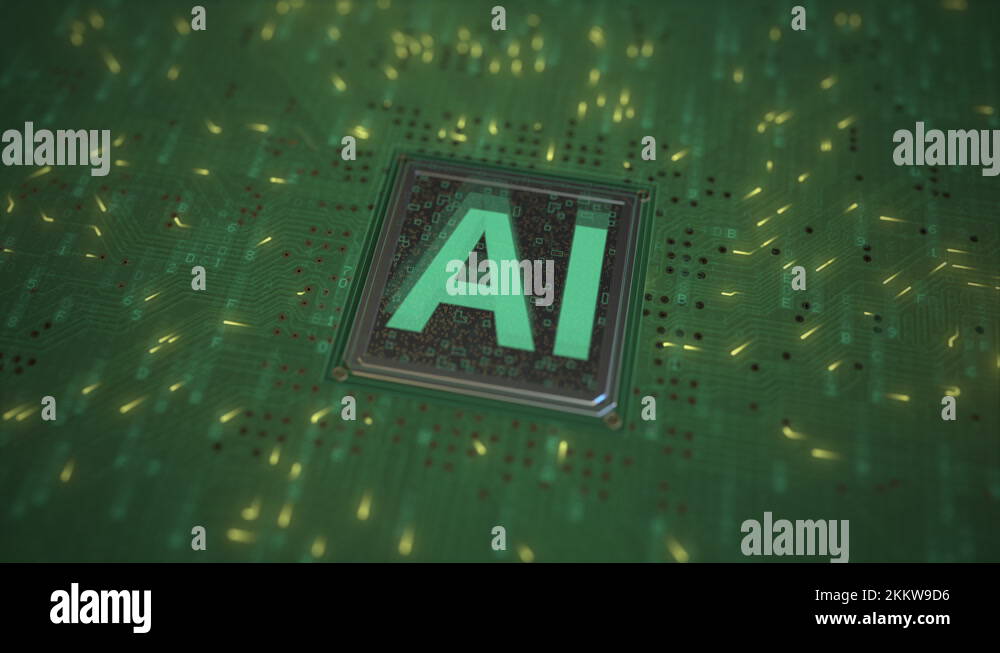 AI or Artificial Intelligence text on a computer processor 3d animation ...