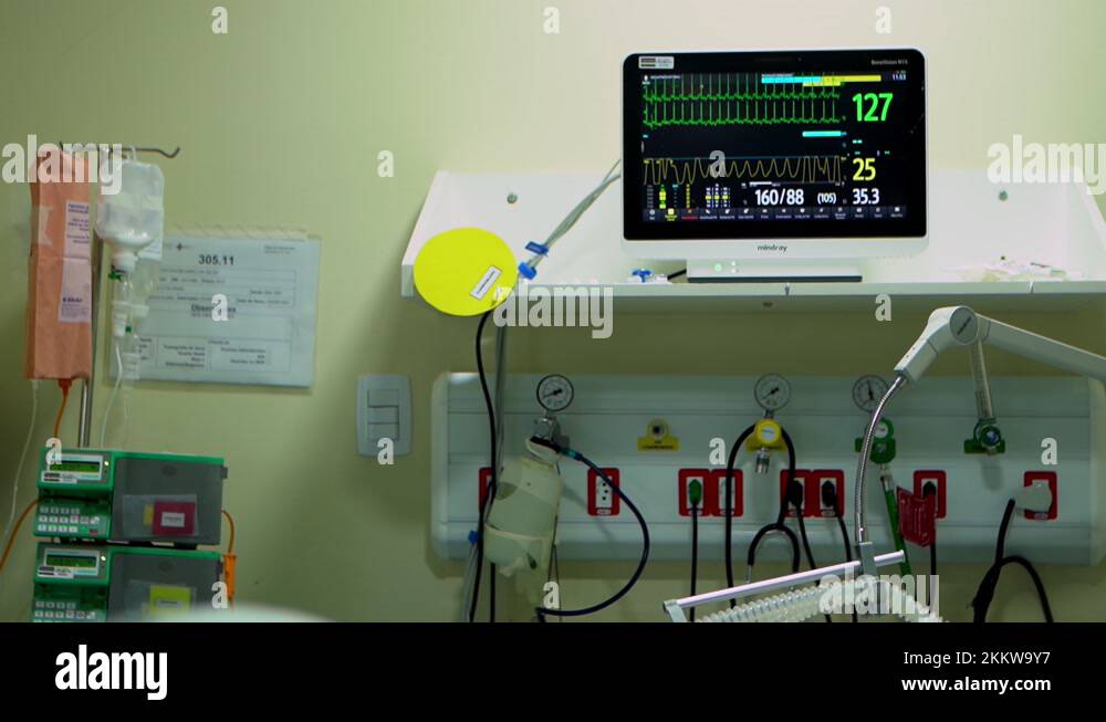 A doctor uses a monitor to check the vital signs of a victim of COVID ...