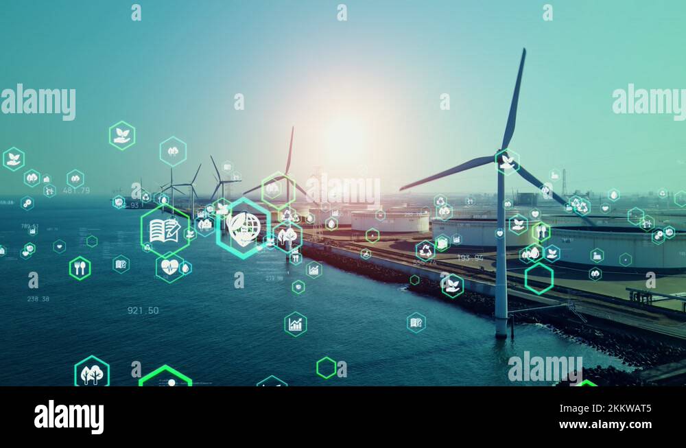 Wind power plant and technology. Smart grid. Renewable energy ...