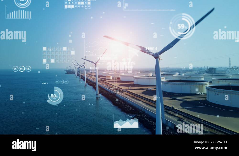 Wind power plant and technology. Smart grid. Renewable energy ...