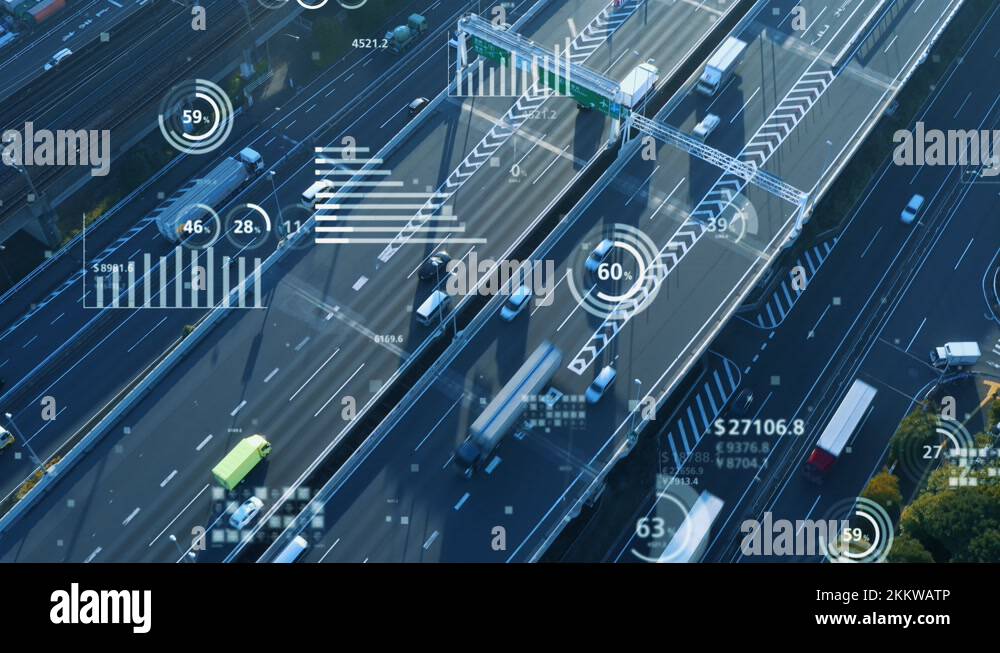 Modern highway aerial view and various charts. Transportation and ...