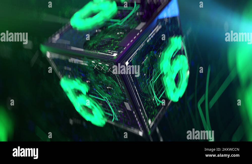 Futuristic green cube with countdown timer clock, hacking, video game ...