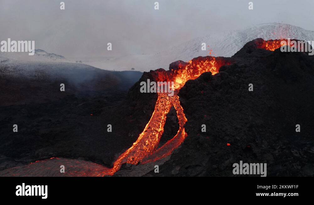 Volcano Craters With Exploding Fountain Lava At Fagradalsfjall Mountain ...