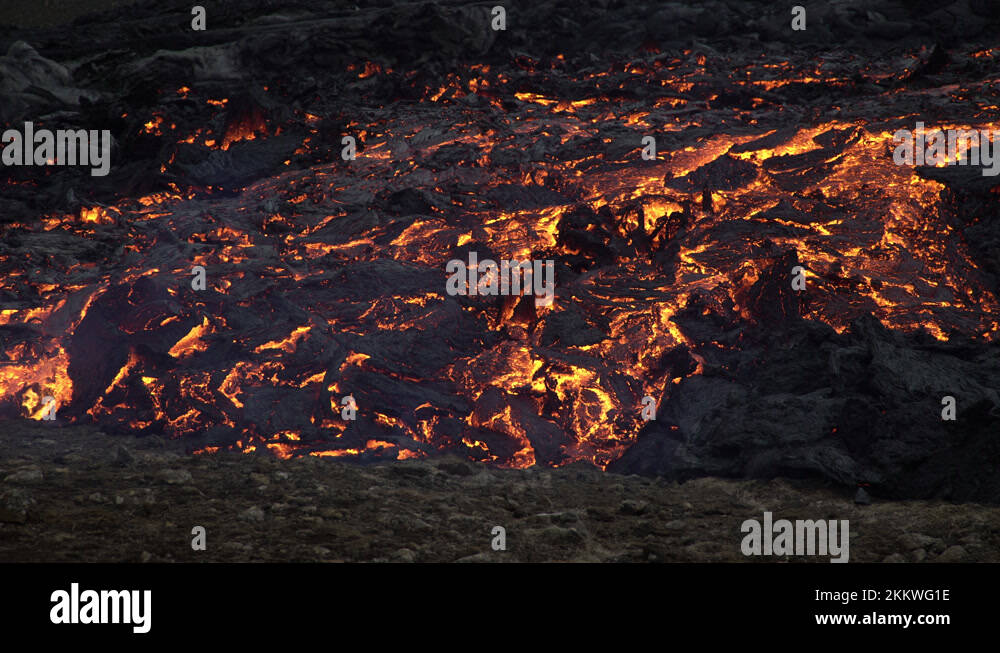 Volcanic eruption Iceland 2021 lava flow burning moss close up Stock ...