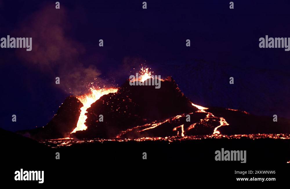 Volcanic magma erupting out from the craters at Fagradalsfjall, dusk ...