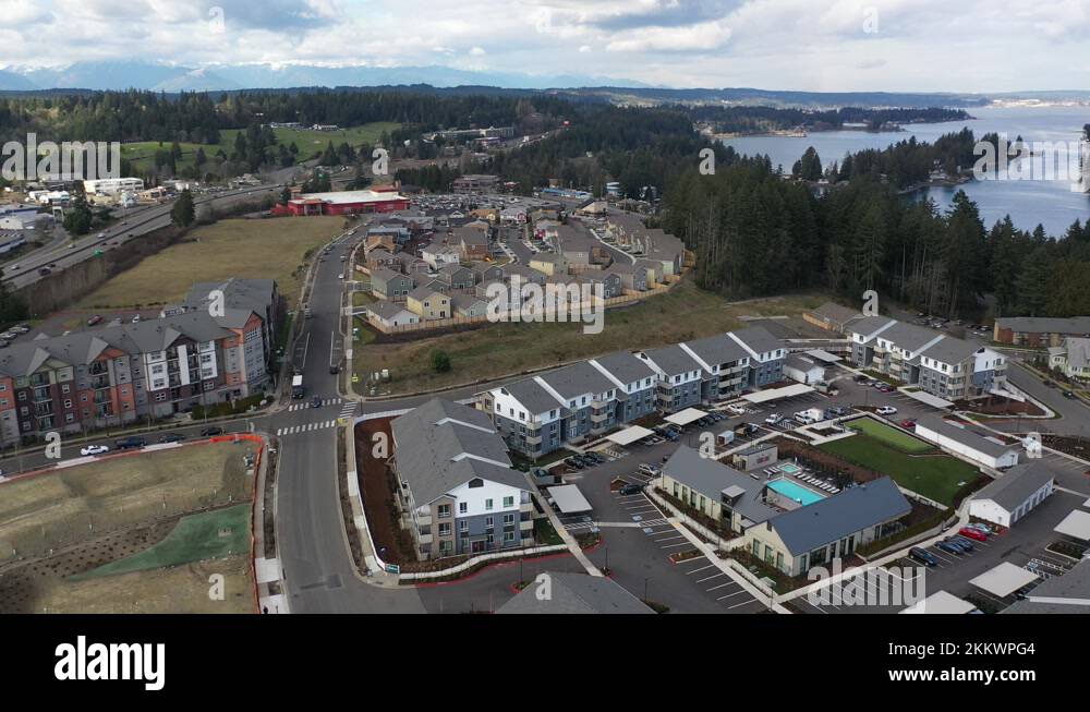Cinematic bird's-eye footage of Bremerton, Port Orchard, Sinclair Inlet ...