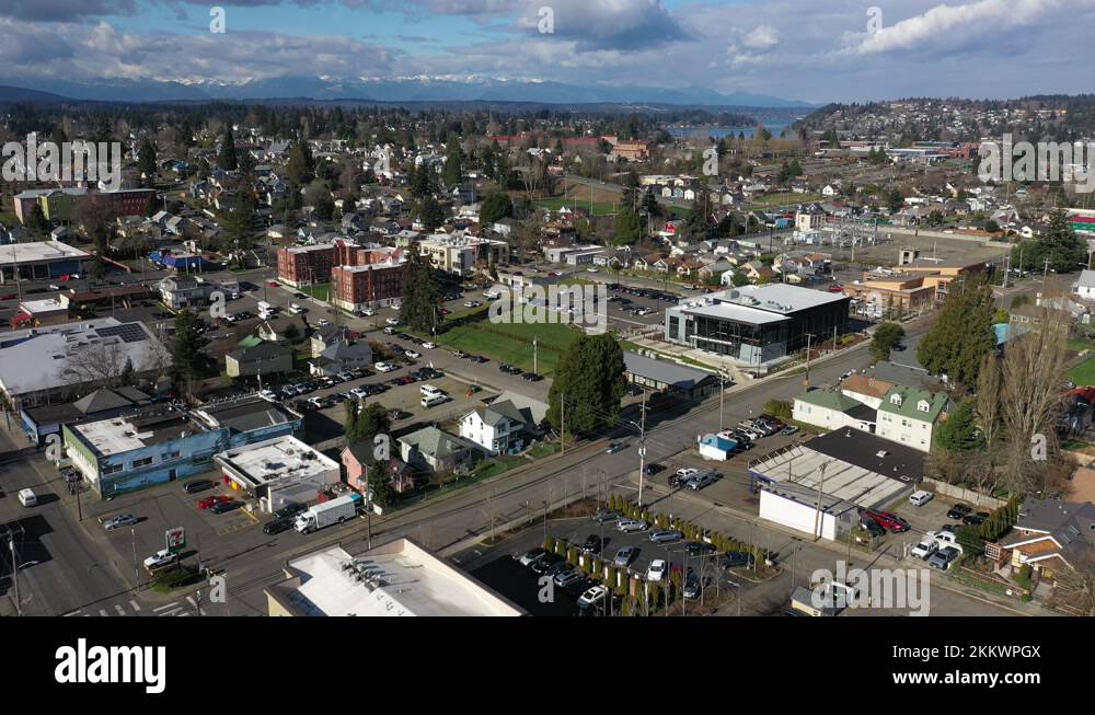 Cinematic bird's-eye footage of Bremerton, Sinclair Inlet, the downtown ...